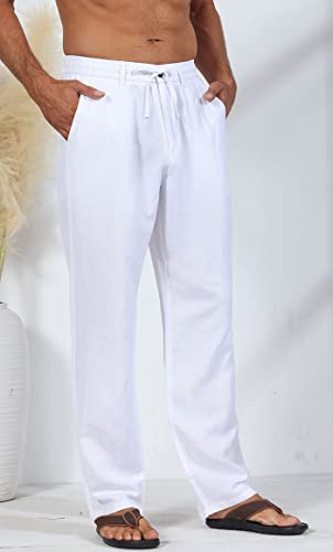 Soojun Men's Linen Beach Pants Lightweight Summer Pants with Drawstring, White, Medium/32 Inseam
