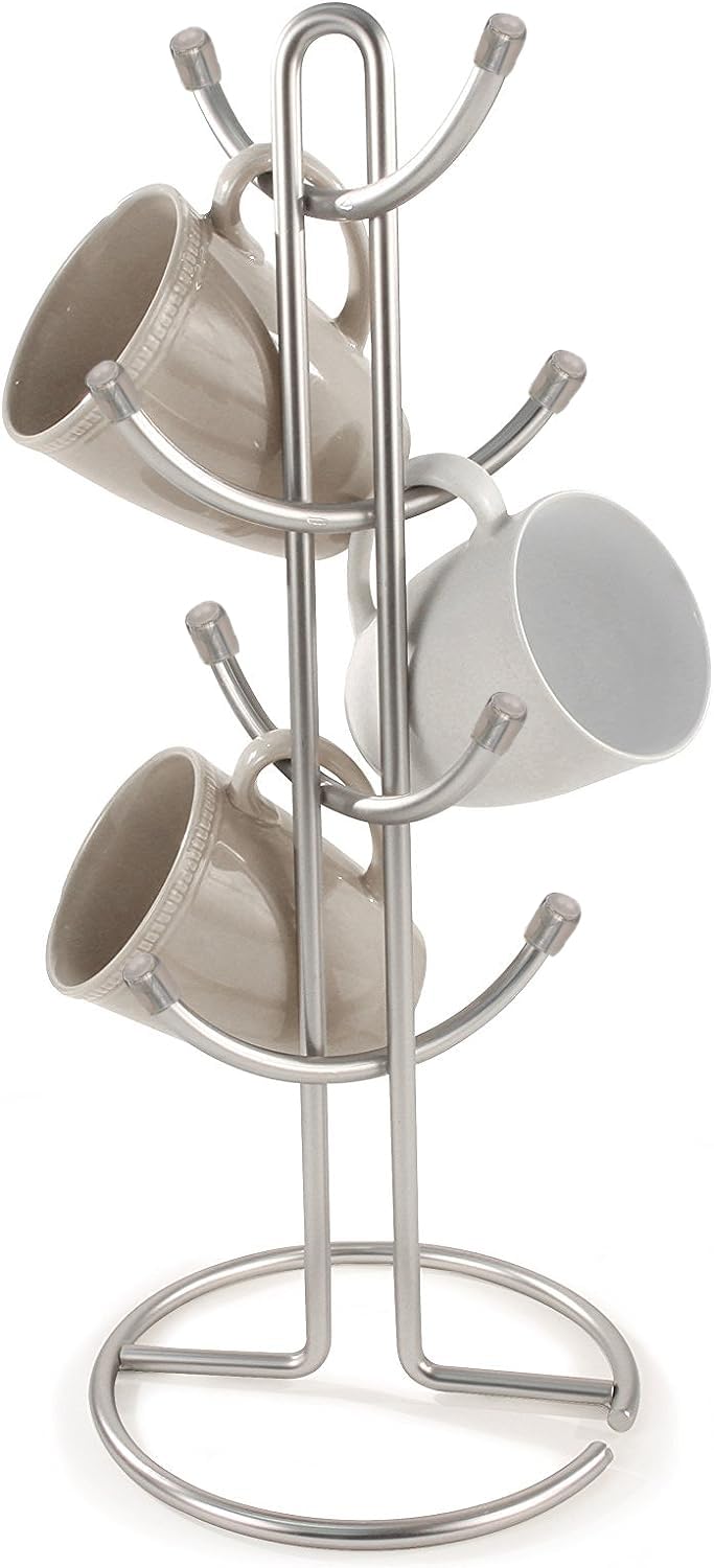 FitWell Mug Holder for Counters,Holds 8 Large Mugs,Coffee Mug Tree for Countertops,Mug Holder Stand,Space Saver for Kitchen Cabinets, Portable Coffee Mug Holder (Chrome)