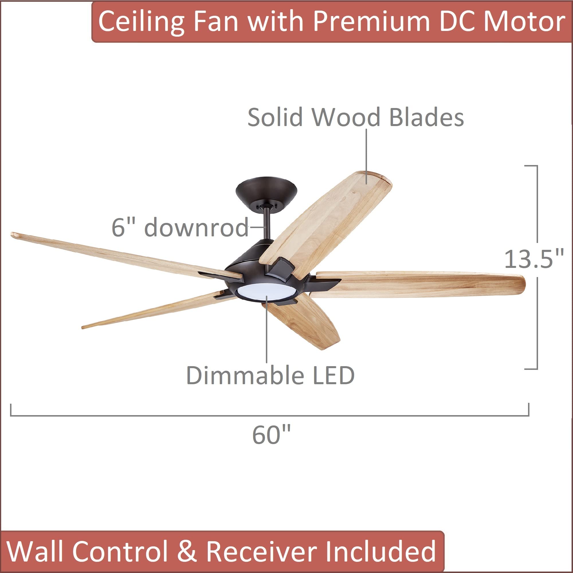 Dorian Eco 60 Inch Ceiling Fan with Light | Dimmable LED Fixture with Premium DC Motor | 6-Speed Wall Control with Natural Solid Wood Blades with and Downrod Mount, Oil Rubbed Bronze