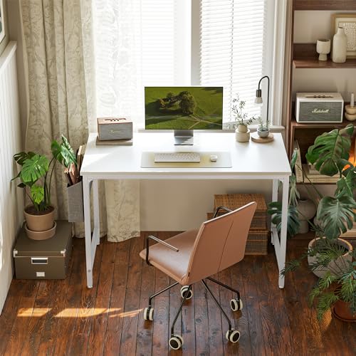 CubiCubi Computer Desk 55" Study Writing Table for Home Office, Modern Simple Style PC Desk, White Metal Frame, White