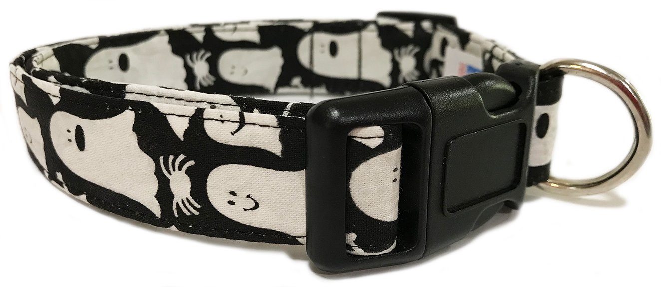 CritterGear Adjustable Dog Collar in Black with Glow in The Dark Halloween Ghosts (U.S.A. Made)