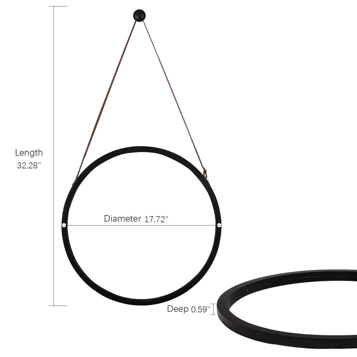 Domax Round Wall Mirror- Black Circle 18 Inch Mirror Bamboo Frame with Adjustable Hanging Leather Strap for Bedroom Bathroom Living Room Entryway Vanity