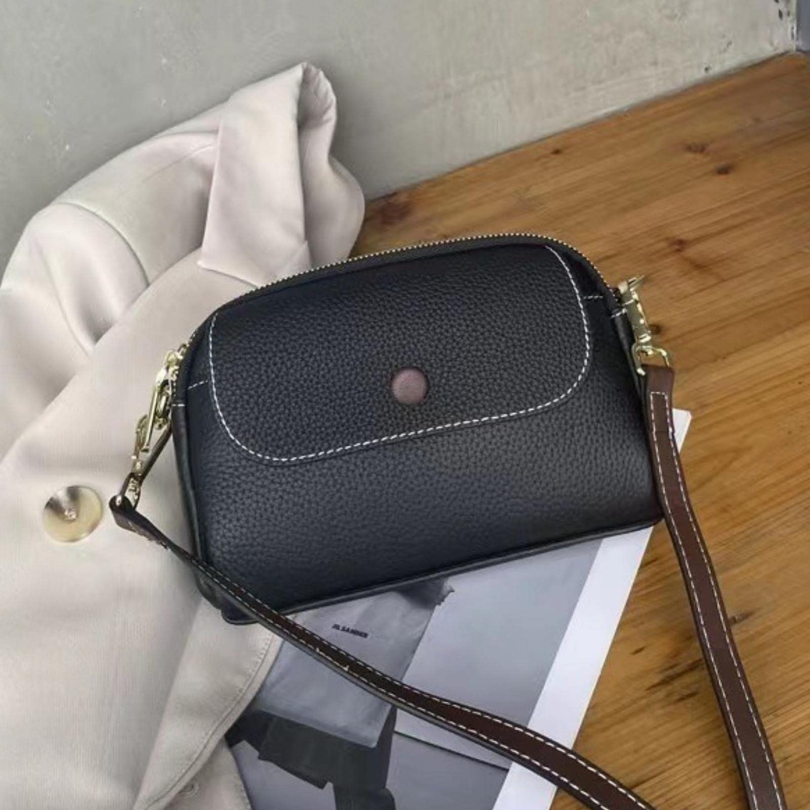 FUKUTAI Genuine Leather Crossbody Bag for Women - Shoulder Cross Body Handbags Purses Lightweight & Soft (Black)