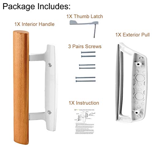 Mortise Style Reversible Sliding Patio Door Handle Set with Oak Wood Interior Handle and Exterior Pull in White Diecast Finish Fits 3-15/16β Screw Hole Spacing, Non-keyed with Latch Locks (White)