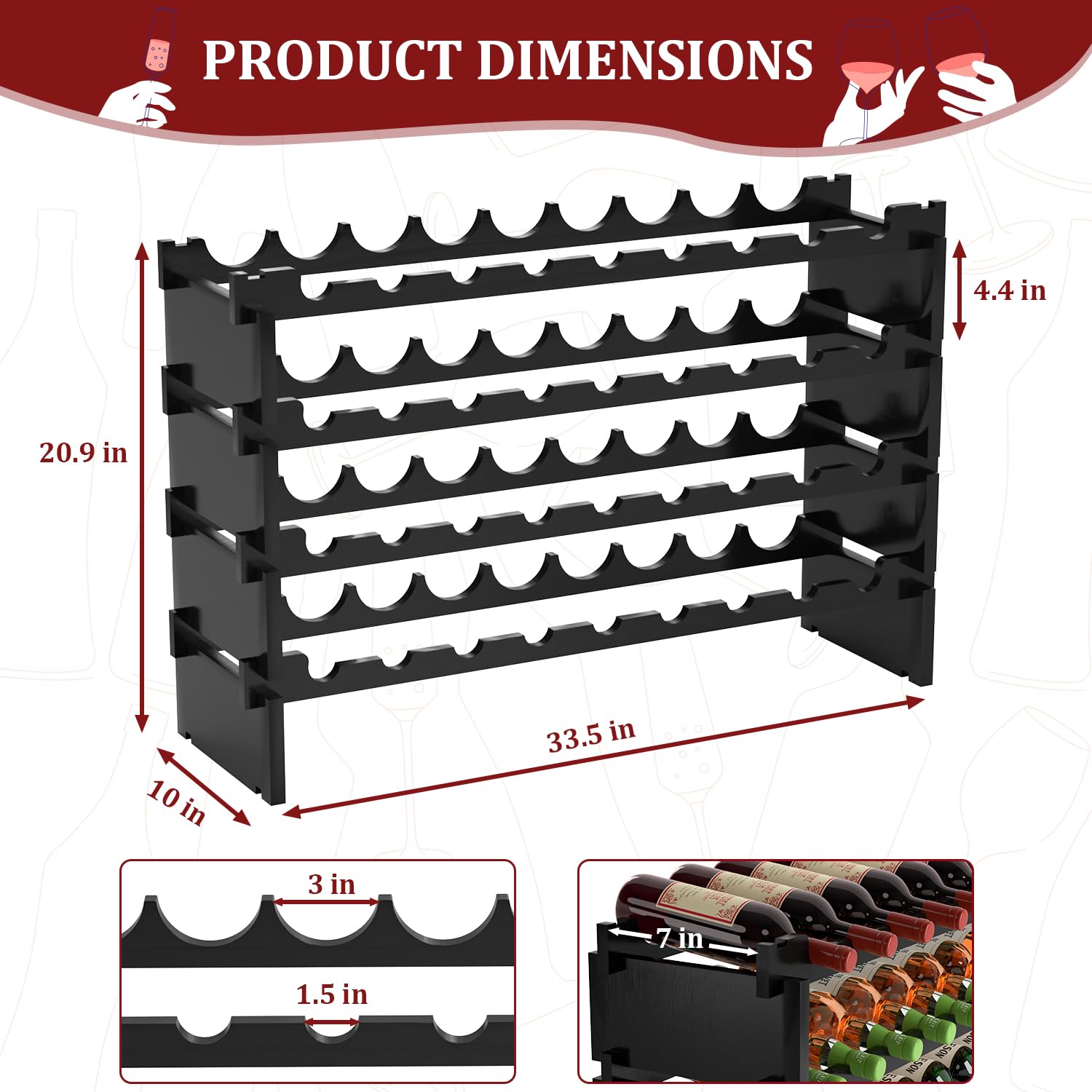 Domax Wine Rack Freestanding Floor - 4 Tiers Stackable Wine Rack 36 Bottle Wine Bottle Holder, Bamboo Wine Holder Wine Storage for Kitchen, Bar, Pantry, Wine Cellar and Countertop (Black)