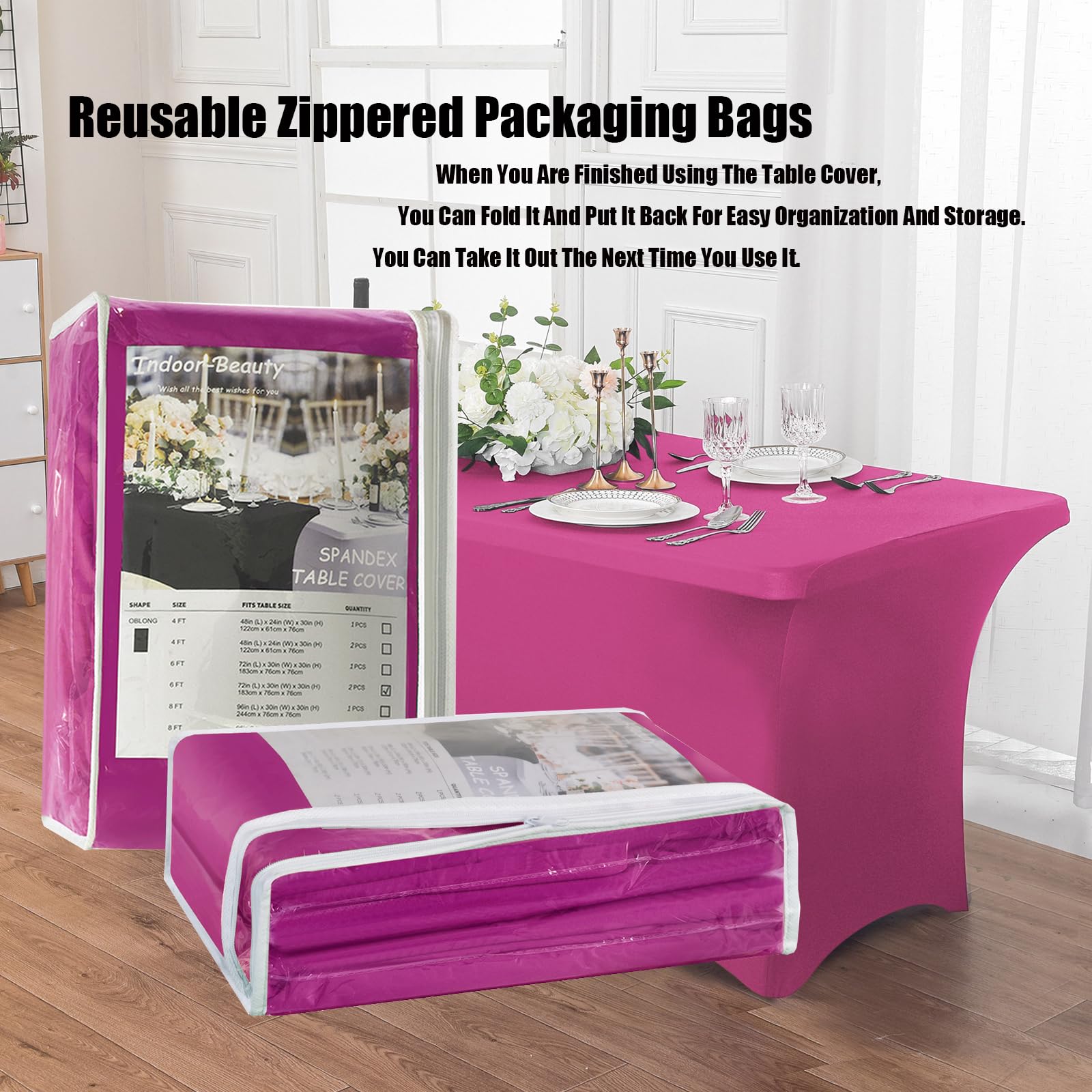 Indoor-Beauty Spandex Tablecloth 6FT Stretch Table Cover Fitted Rectangular Tables, Universal Stretch Patio Table Cloth for Wedding, Banquet, Party and Event(Fuchsia, 6FT