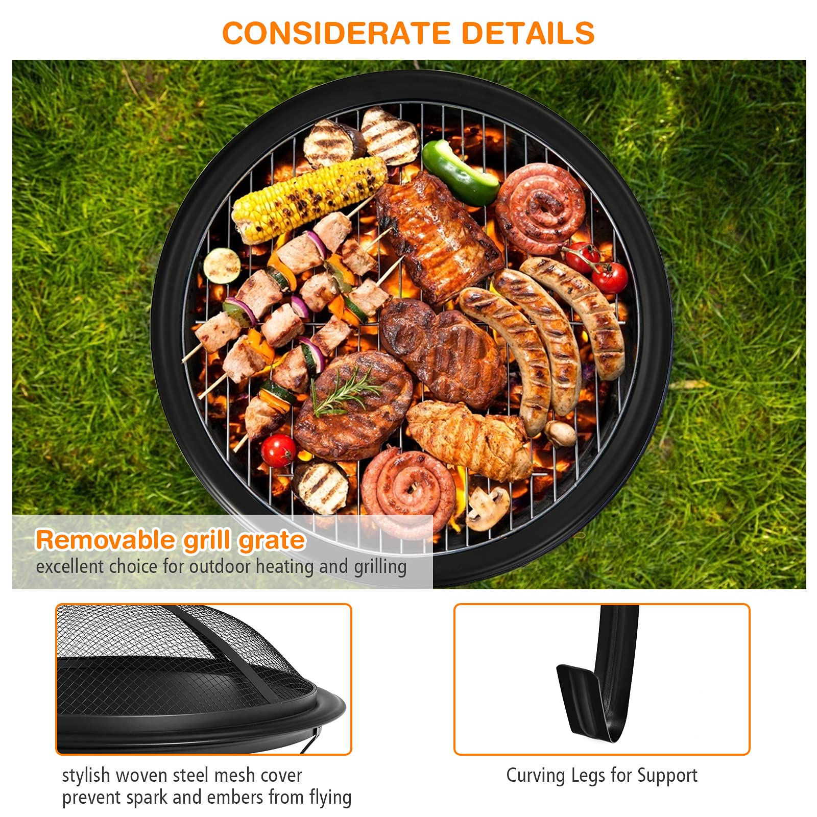 Giantex 22" Outdoor Firebowl, Portable Firepit Bowl with BBQ Grill Mesh Spark Screen Cover, Poker and 2 Log Grates/Grilling Grate and Wood Grate, Wood Burning Fire Pit w/Grilling Handle