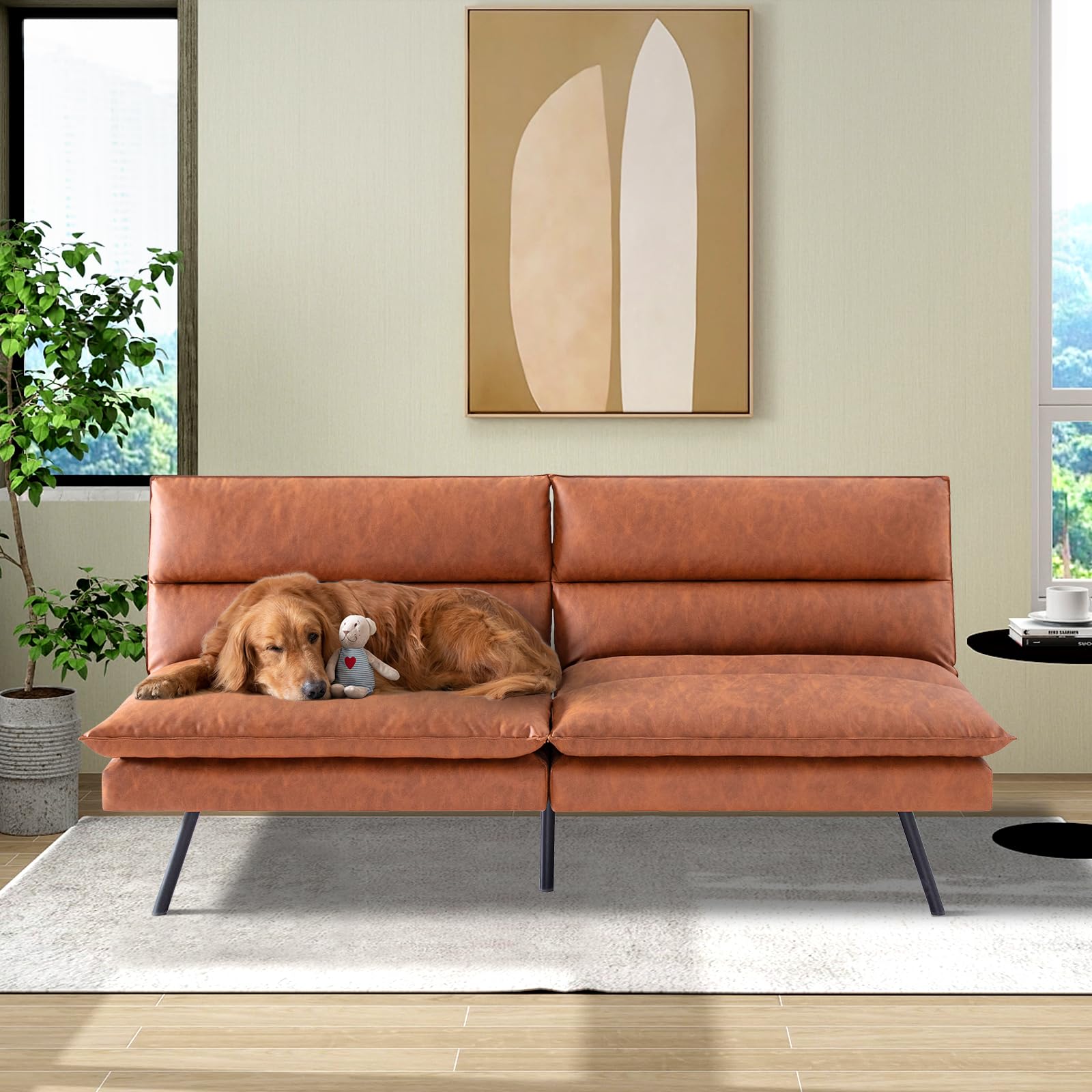 MUUEGM Futon Sofa Bed Couch,Memory Foam Convertible Futon Couch,Modern Faux Leather Sleeper Sofa Couch,Love Seat Sofa for Living Room Small Space Apartment Office,Adjustable Backrest