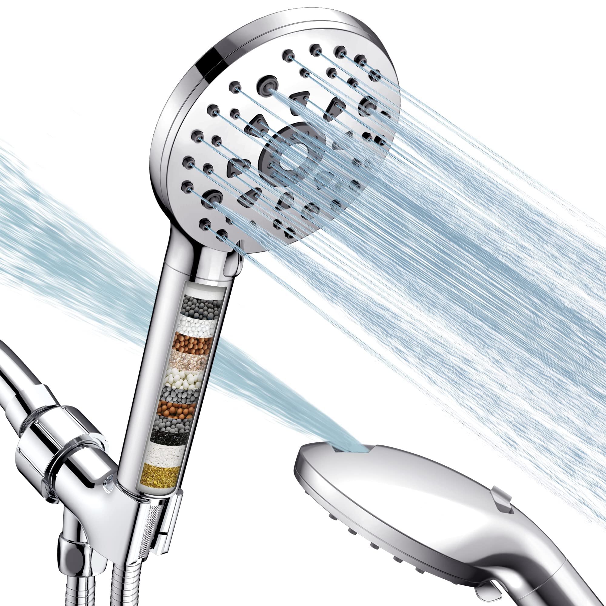 FEELSO Filtered Shower Head with Handheld, High Pressure 7 Spray Mode Showerhead Built-in Power Wash with Hose, Bracket and 15 Stage Hard Water Shower Filter for Remove Chlorine and Harmful Substances