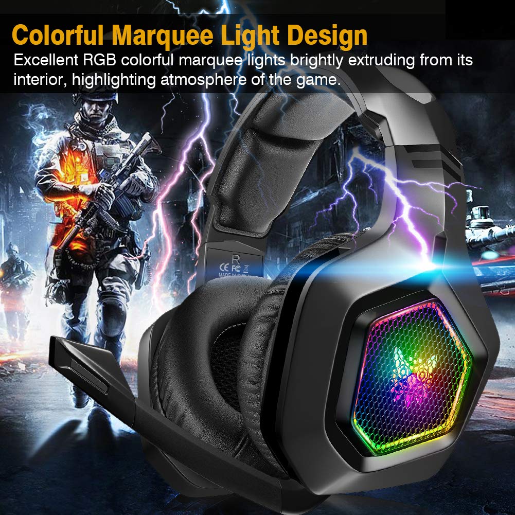 DIZA100 PS5 PS4 Gaming Headset with Microphone Surround Stereo PC Gaming Headphones RGB Light & Adjustable for Xbox one Laptop Mac