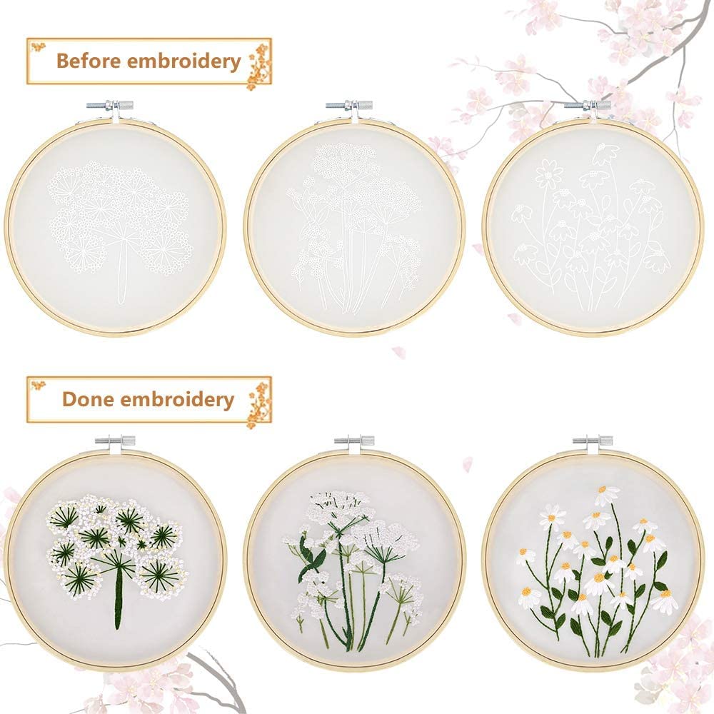 Embroidery Starter Kit with Pattern Set of 3, Cross Stitch Set for Adults, Stamped Embroidery Kits for Beginners, Including 3 Embroidery Hoop