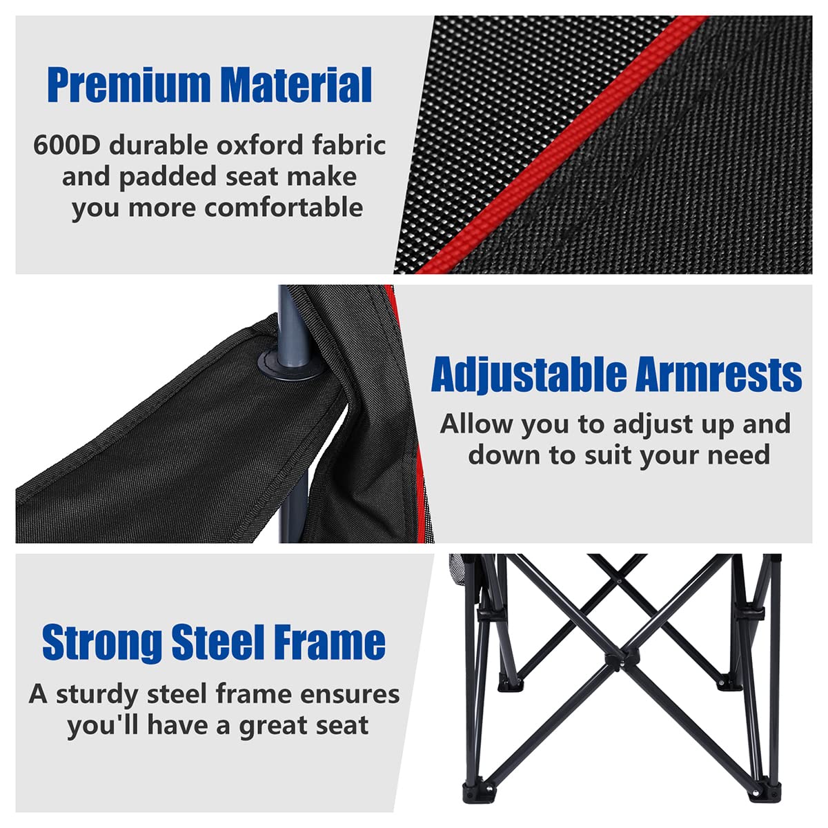 Diketone Camping Chairs for Adults Folding Camp Chairs with Cooler Bag Padded Camping Chairs for Heavy People Outdoor Oversized Camp Chairs Heavy Duty Supports 606 lbs Black
