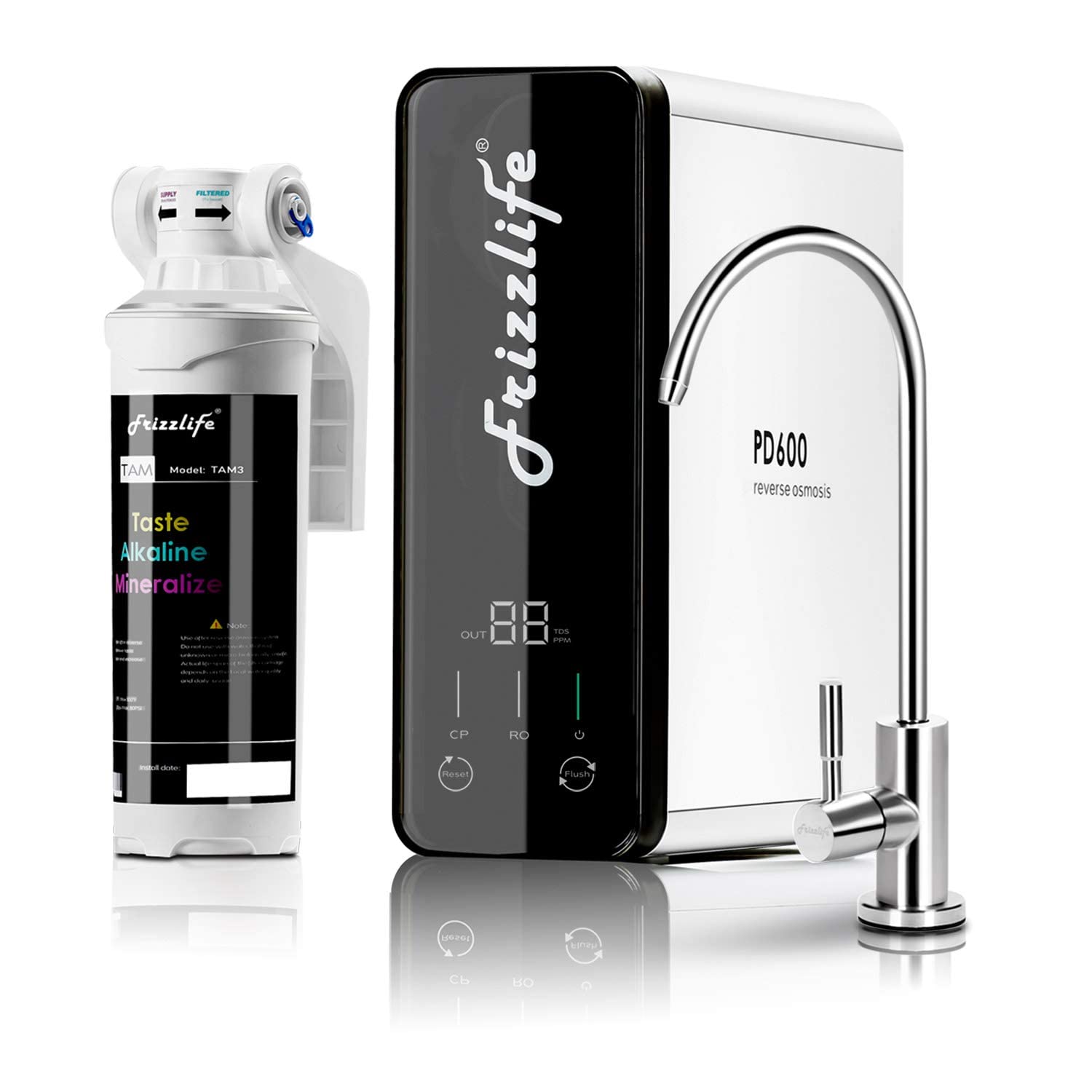Frizzlife RO Reverse Osmosis Water Filtration System - 600 GPD High Flow, Tankless, Reduce TDS, Compact, Alkaline Mineral PH, 1.5:1 Drain Ratio, PD600-TAM3, with Two Years Replacement Filtersā¦
