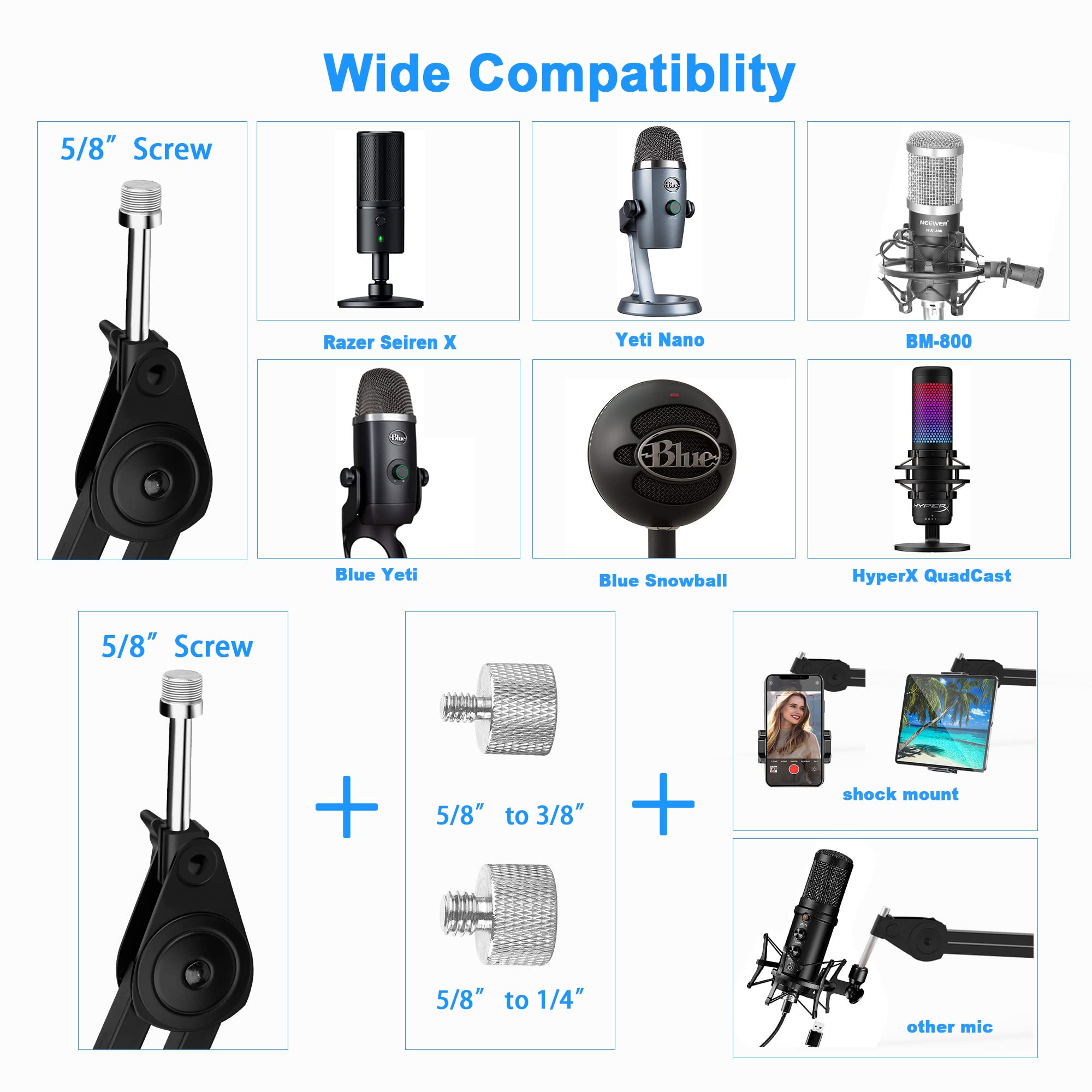 eWonLife Mic Arm, Boom Arm Mic Stand Desk Mount with 5/8 Thread, Microphone Stand for Shure SM7B, Mv7, Blue Yeti, Hyperx Quadcast, Heavy Duty, With Filter, 5/8" to 3/8", to 1/4" Adapter, 8 Cable Ties