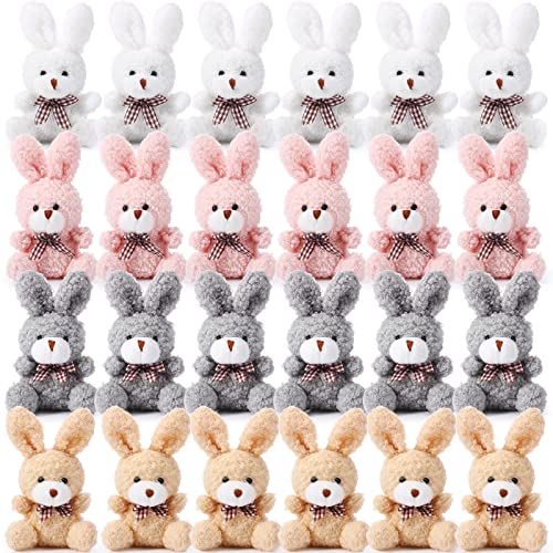 Sotiff 24 Pcs Plush Bunny Stuffed Animal Bulk 4.7 Inch Mini Bunnies Doll Keychain Furry Rabbit with Bow Tie for Boys Girls Birthday Party Favors Wedding Graduation Gifts Holiday (Classic Color)