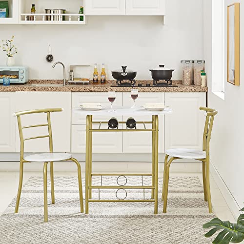 VECELO 3 Piece Small Round Dining Table Set for Kitchen Breakfast Nook, Wood Grain Tabletop with Wine Storage Rack, Save Space, 31.5", White & Gold