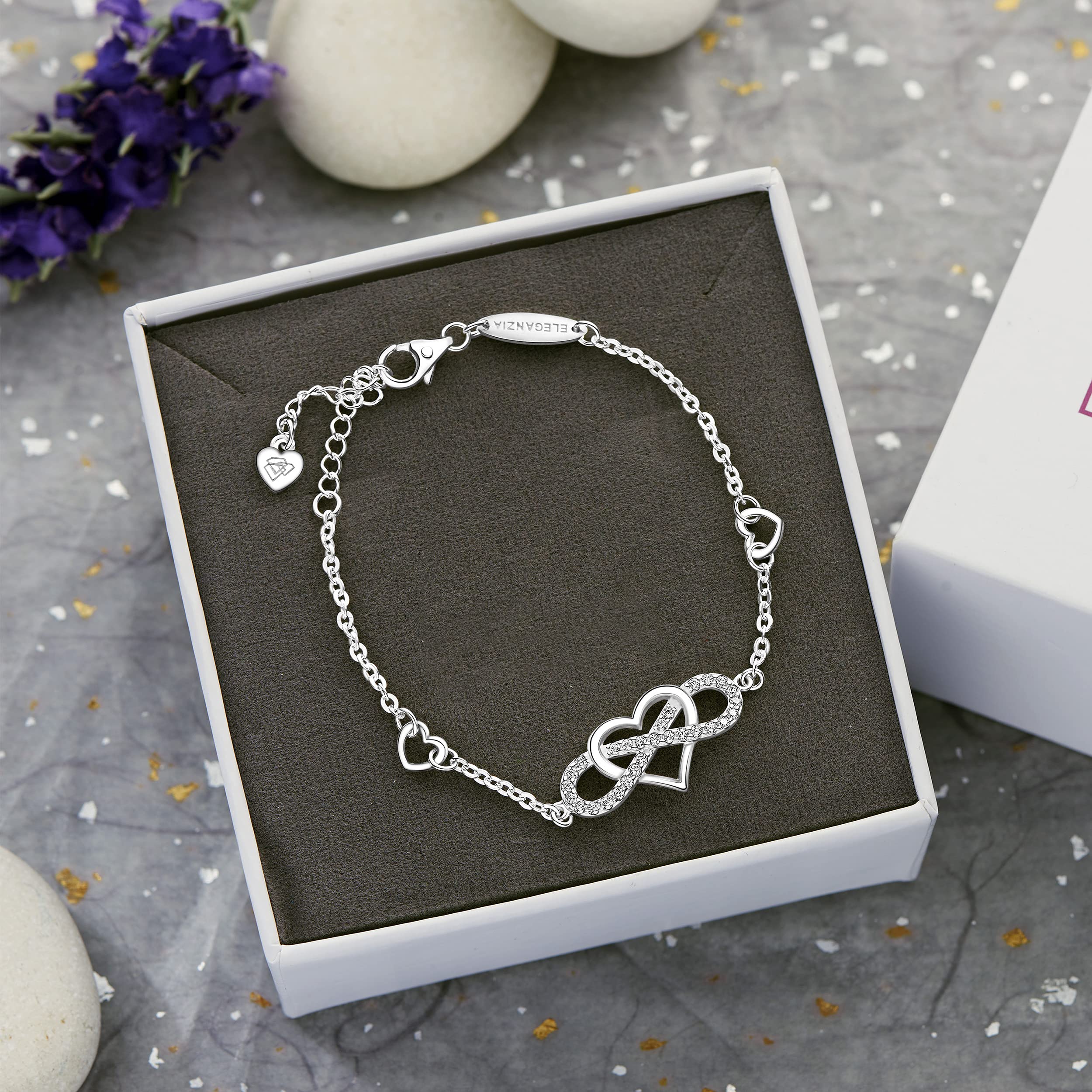ELEGANZIA Infinity Heart Bracelet For Women Sterling Silver, Tiny Heart Charm Chain Bracelet Friendship Jewelry