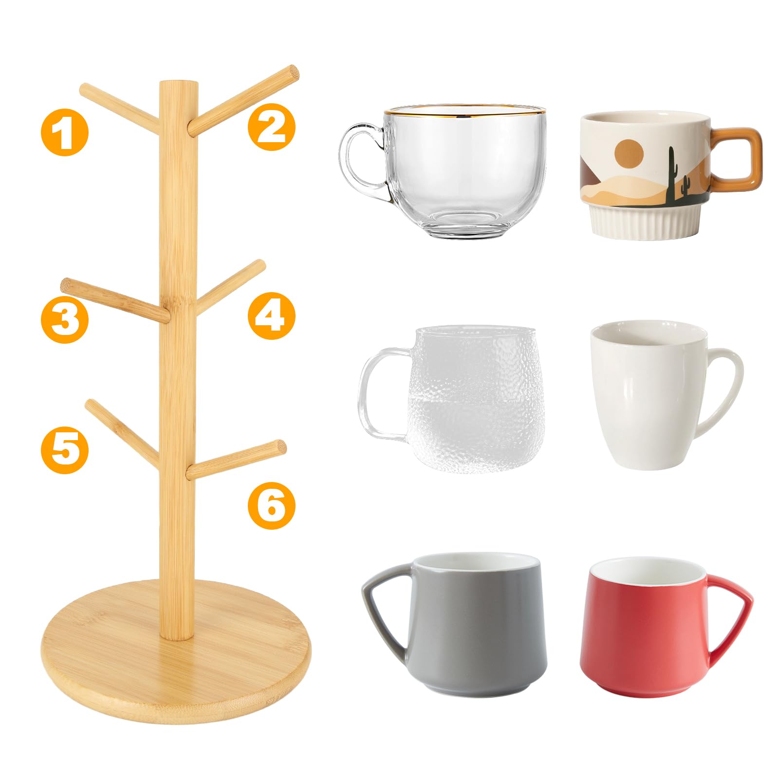 LDXDRU 2Pcs Mug Holder Tree, Bamboo Coffee Mug Holder, Coffee Mug Tree, Coffee Cup Holder with 6 Hooks Mug Stand for Countertop, Coffee Bar Accessories & Decor