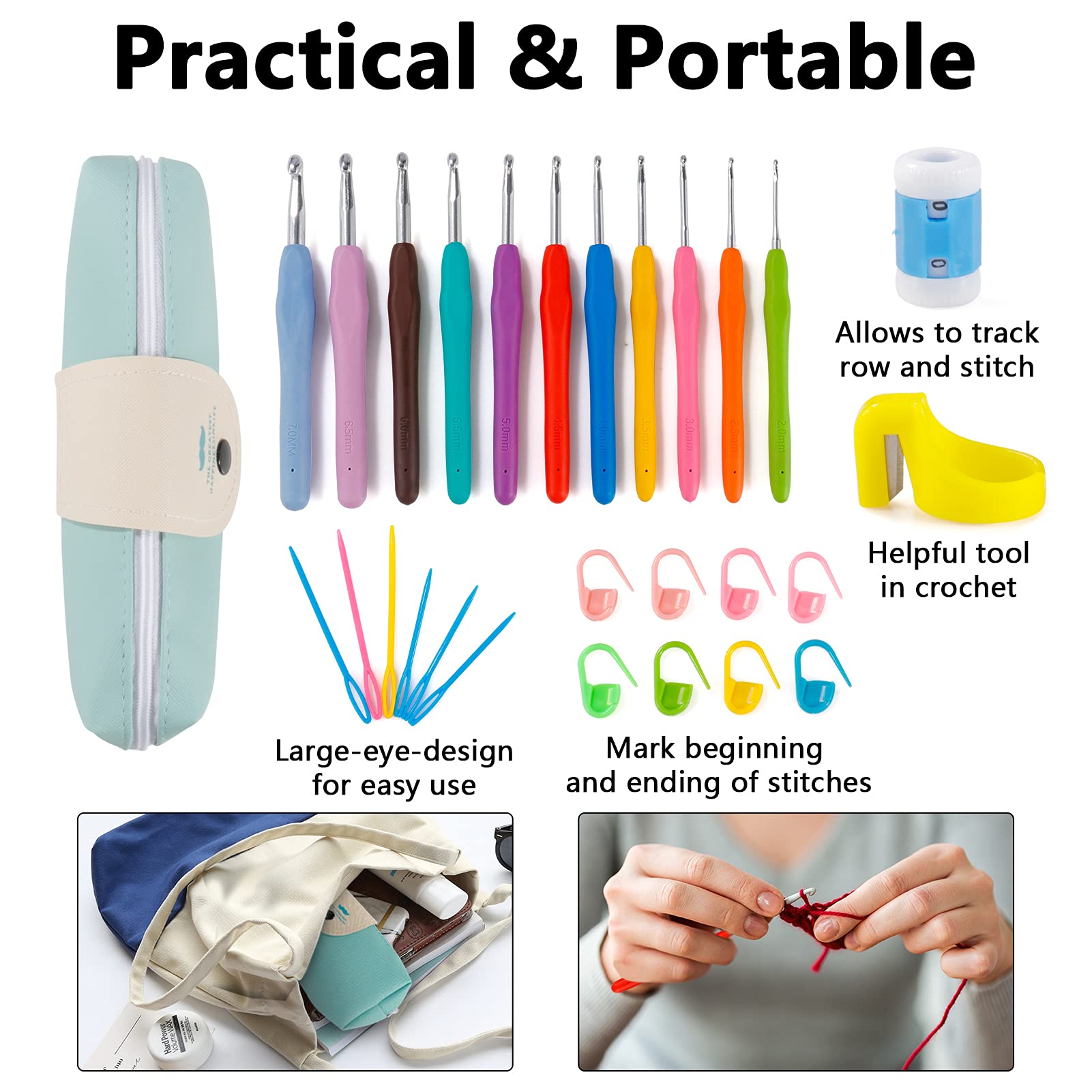 Crochet Kit, 11 Pcs 2.0mm-7.0mm Furls Crochet Hook with Ergonomic Soft Grip Handles, 29 Pack Extra Long Crochet Kit for Beginners with Bag, Comfortable for Arthritic Hands