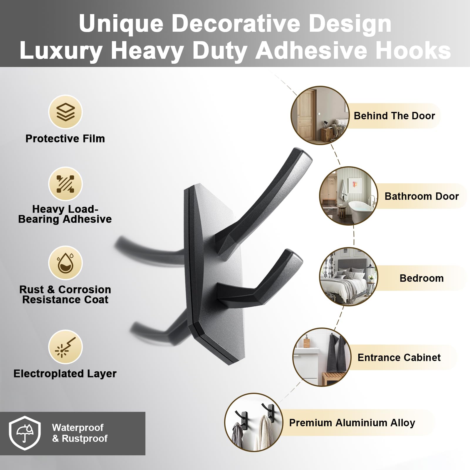 INVIHUG, Large Size Modern Adhesive Wall Hooks, Heavy Duty RV Hooks for Hanging Jacket, Coat, Towel, Robe, Loofah in Bathroom, Kitchen, Rv and Office Wall Mount (2 Packs, Black)