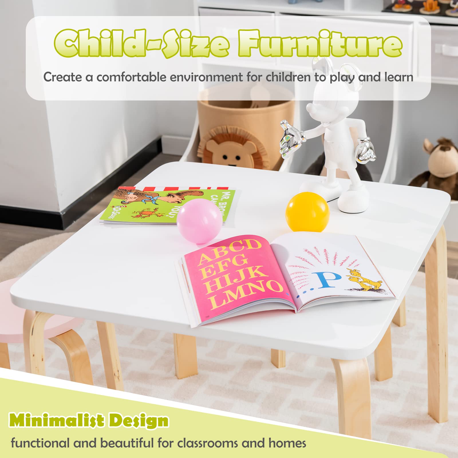 INFANS Kids Wooden Table and Stool Set, 5-Piece Activity Table with 4 Stools for Toddler Building Block Drawing Reading Art Crafts, Children Natural Furniture Set for Kindergarten Classroom