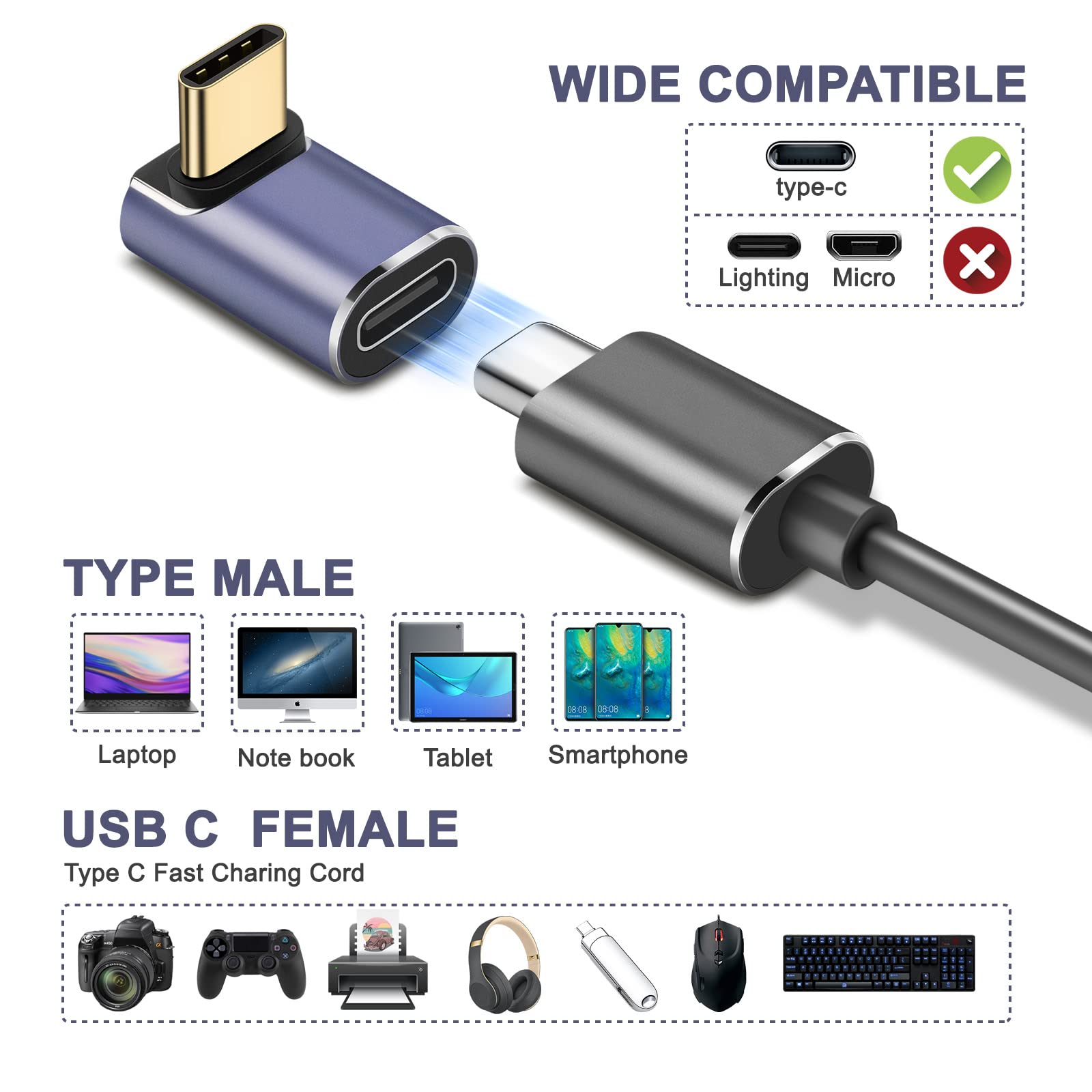Findeed USB C Male to USB C Female-USB-C 90 Degree Adapter, Right Angle UBC Male to Female Adapter for Switch,MacBook pro/air,Tablet/Smartphone Type C Enabled Device