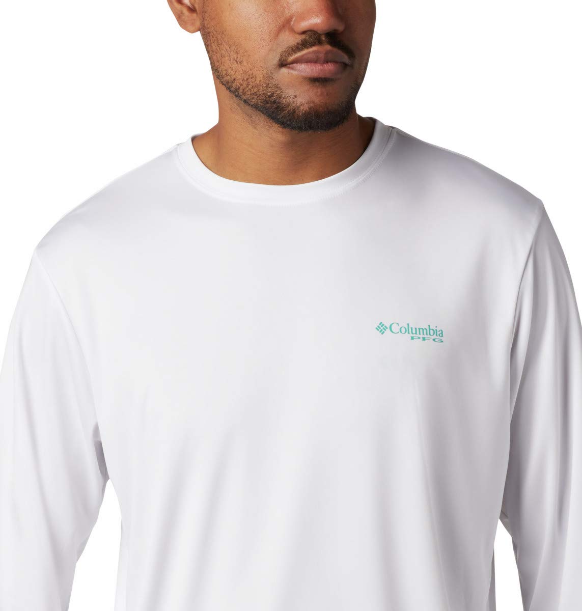 Columbia Men's Terminal Tackle PFG Triangle Long Sleeve Shirt, White/Bright Aqua Logo, X-Large