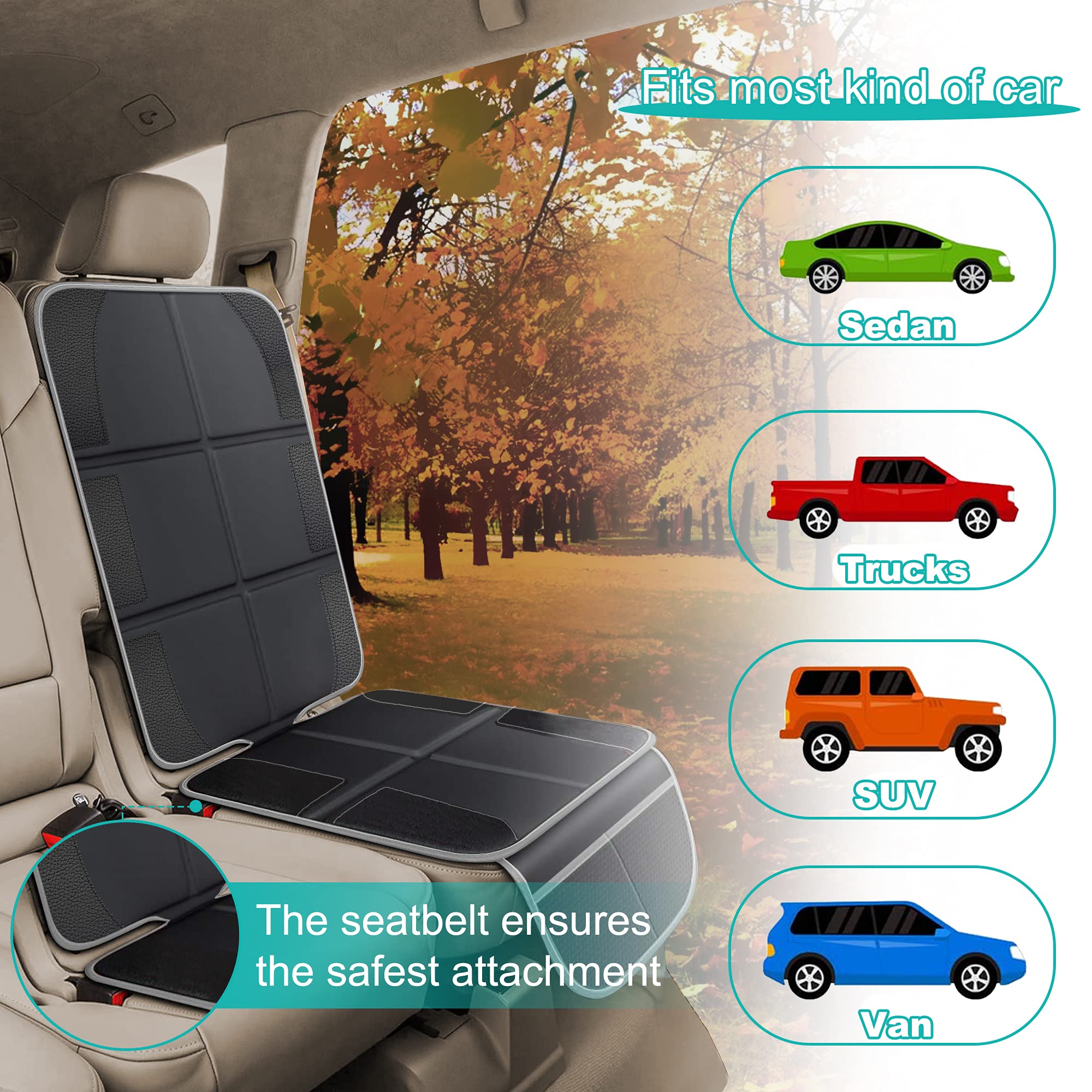 Femuar Car Seat Protector, 2-Pack Car Seat Protector for Child Car Seat with Thickest Padding,Seat Protector with Mesh Pockets,Non-Slip Backing,Waterproof Car Seat Pad for Baby