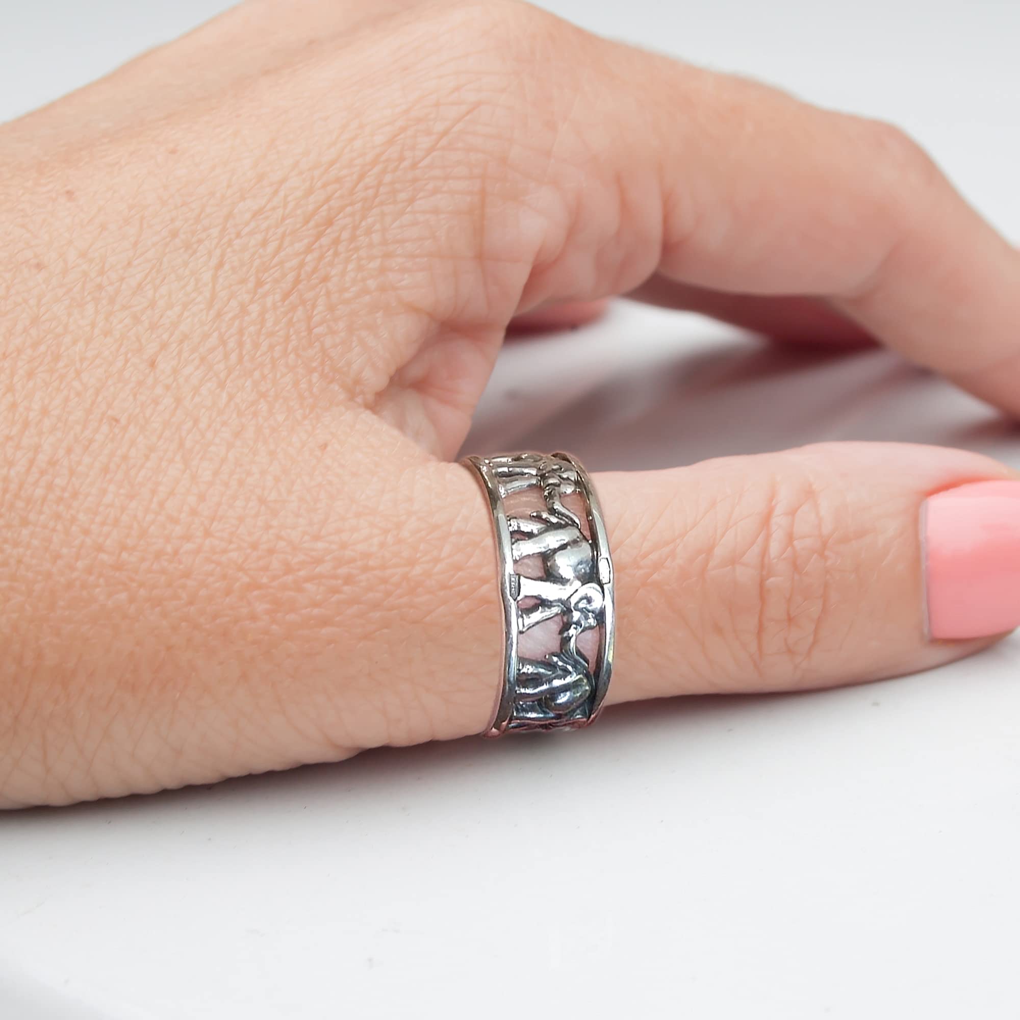 Elephant Migration Ring Solid 925 Sterling Silver. Stackable Plus Size Band Thumb Rings. Hippie Indie Boho Yoga Namaste Jewelry. Size 11