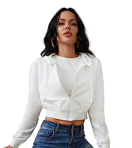 milanpavilion Women's Zip Up Hoodies Cropped Cardigan Jacket Drawstring Hooded Sweatshirts Casual Long Sleeve Top A-white