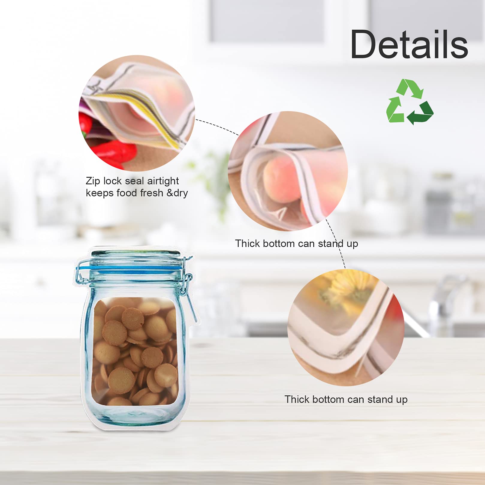 Enkrio 36 Pack Mason Jar Zipper Bags, Reusable Airtight Seal Food Bag Leakproof Nuts Candy Cookies Bag for Travel Camping