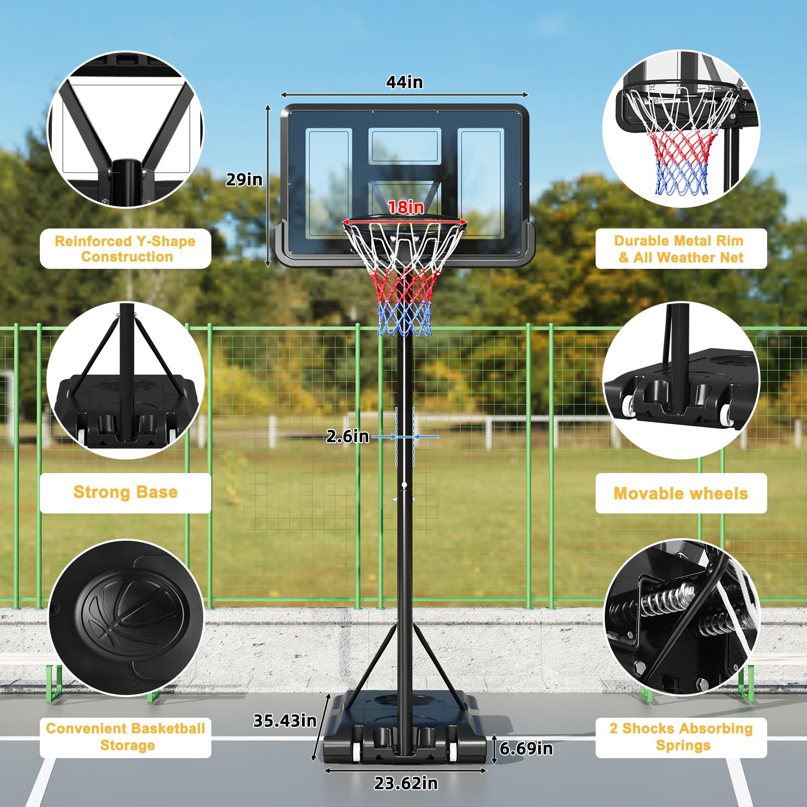 Dripex Basketball Hoop Outdoor 10FT Adjustable Height Goal, Portable Basketball System with 44β Shatterproof Backboard for Adults Teenagers Kids
