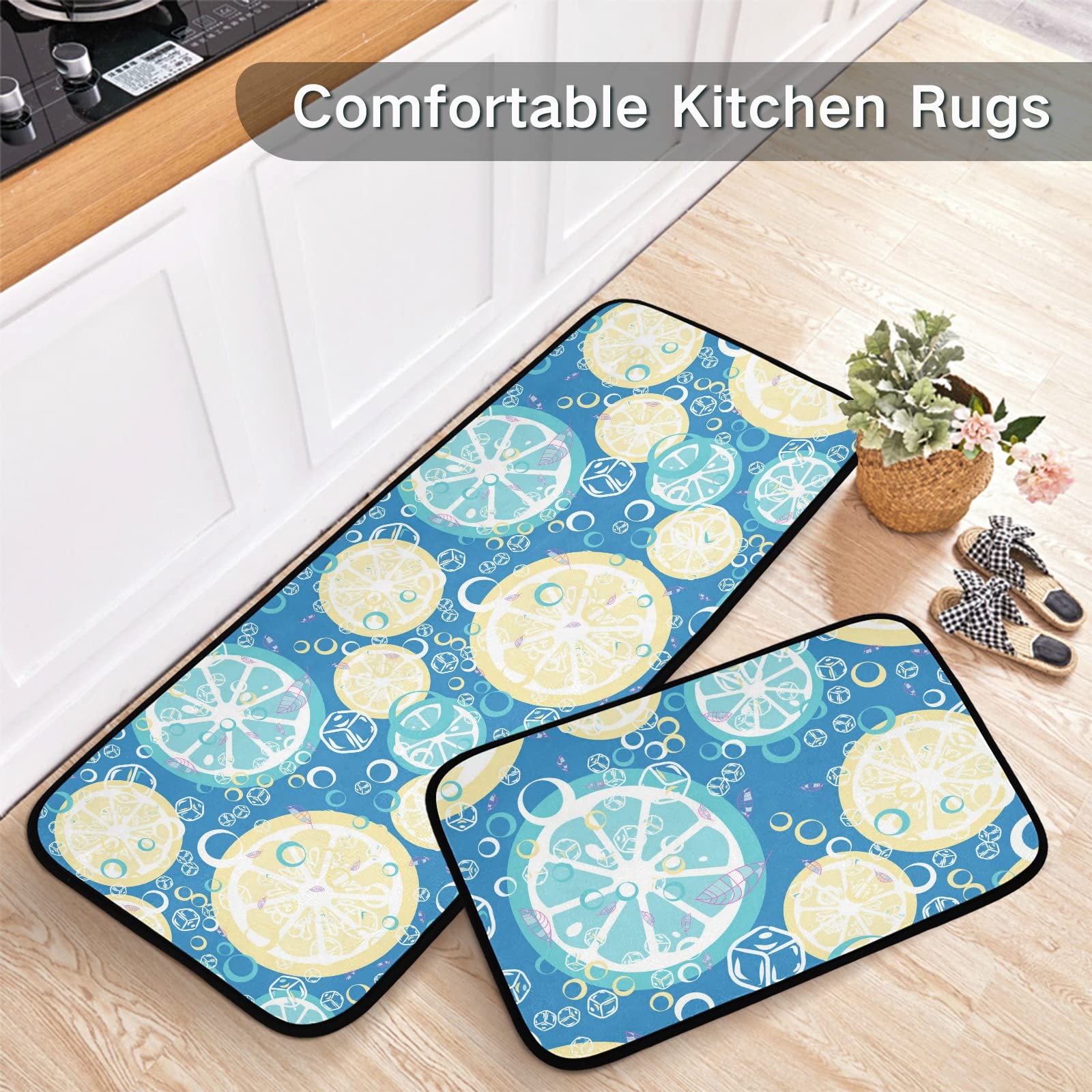 DOMIKING Lemon Orange Kitchen Mats 2 Pieces Non-Slip Anti Fatigue Kitchen Rugs and Mats Set for Floor Cushioned Standing Mats Area Rug Runner for Kitchen Hallway Sink
