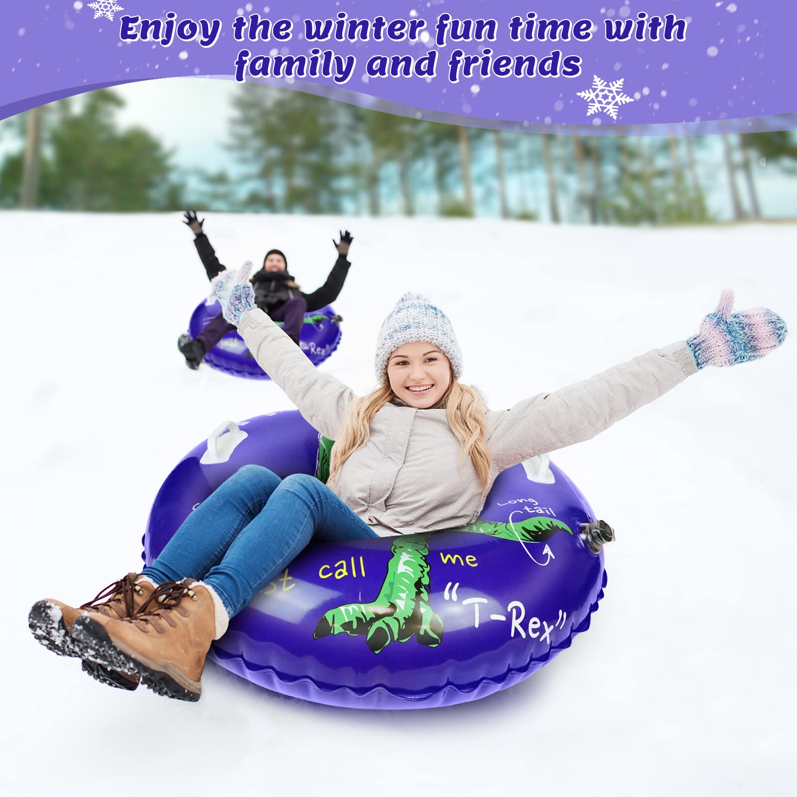 Dinosaur Snow Tube Inflatable Snow Sled with Handles for Skating Winter Outdoor Fun for Kids
