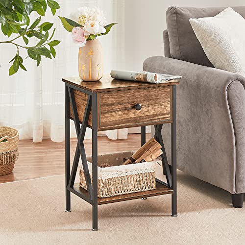 VECELO Set of 2 Nightstands X-Design Side Night Stand Storage Shelf with Bin Living Room Bedroom,Vintage Brown, End Table with Drawer