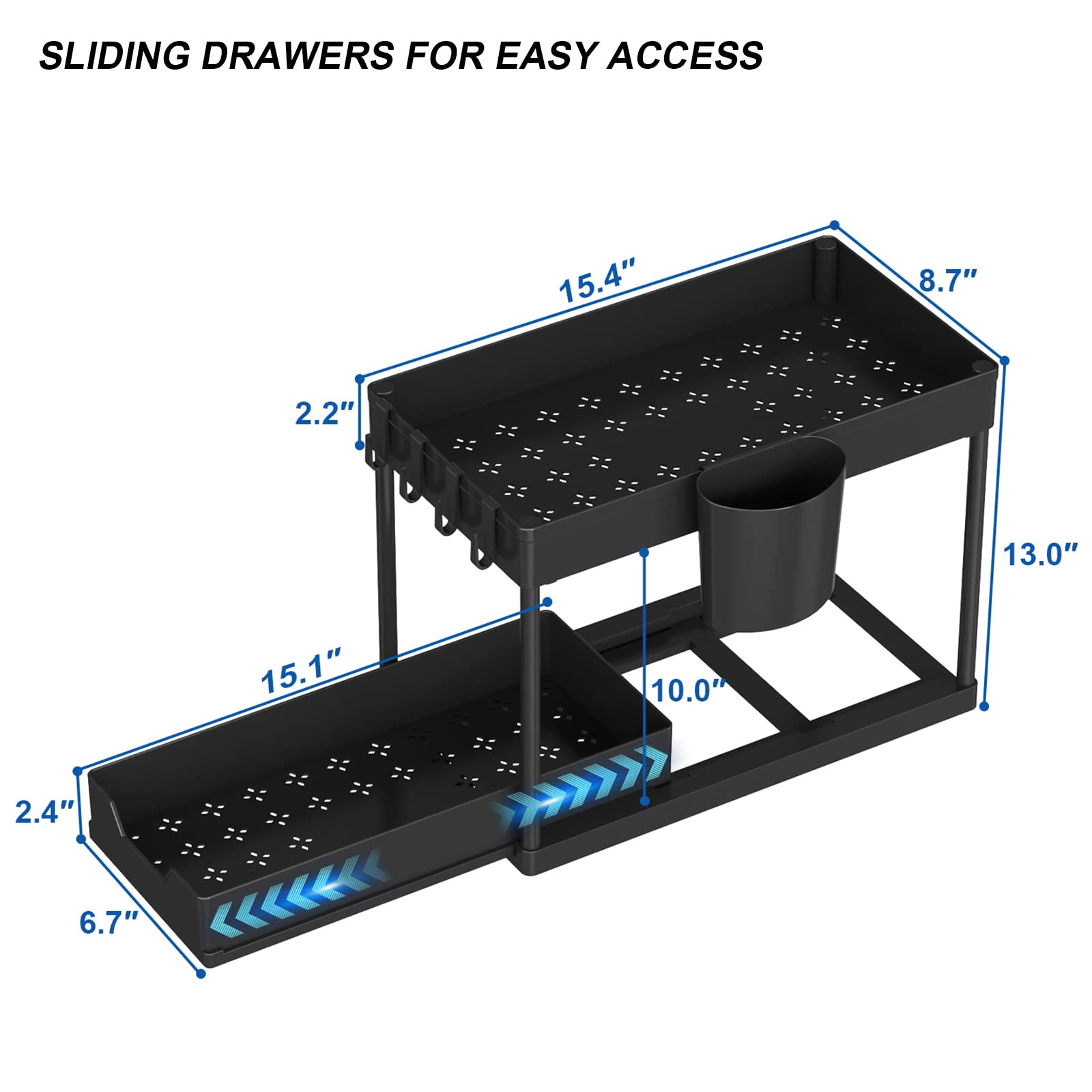 FENENIK 2 Tiers Under Sink Organizer, Bathroom Cabinet Storage Drawer Organizer with Sliding Shelf, Multi-purpose Kitchen Sink Organizer with 4 hooks and Hanging cup for Narrow Spaces