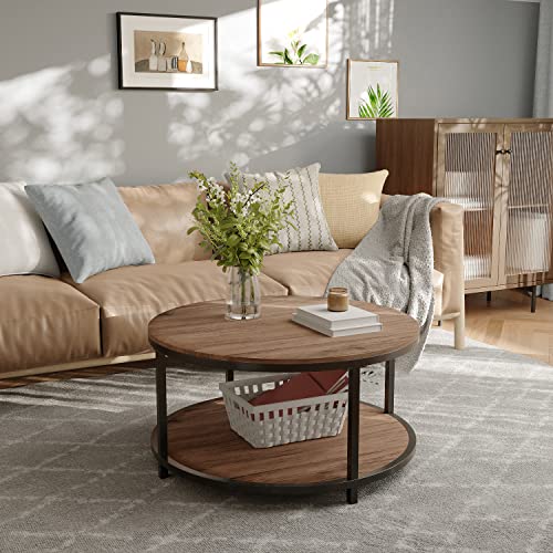 NSdirect 36” Round Coffee Table, Rustic Wooden Surface Top & Sturdy Metal Legs Industrial Sofa Table for Living Room Modern Design Home Furniture with Storage Open Shelf (Dark Walunt)