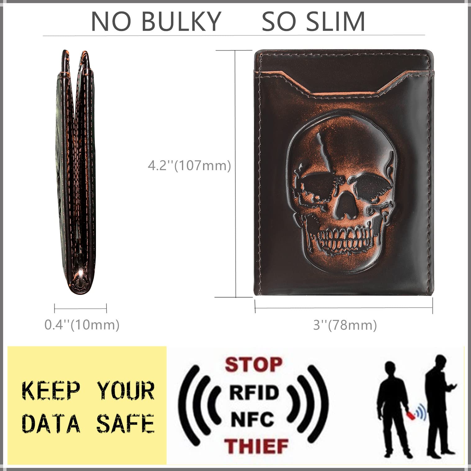 DK86 Men's Leather Skull Slim Wallet with Money Clip Minimalist Bifold Front Pocket wallet for Men RFID Blocking Geuine Leather with Hand Burnished (Black Skull)