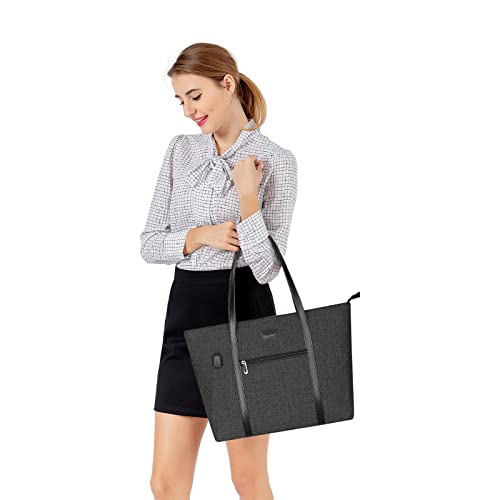 MOSISO USB Port Laptop Tote Bag for Women,Compatible with MacBook, 17-17.3 inch Notebook and Chromebook, Work Travel Business Computer Bag with Small Purse, Black