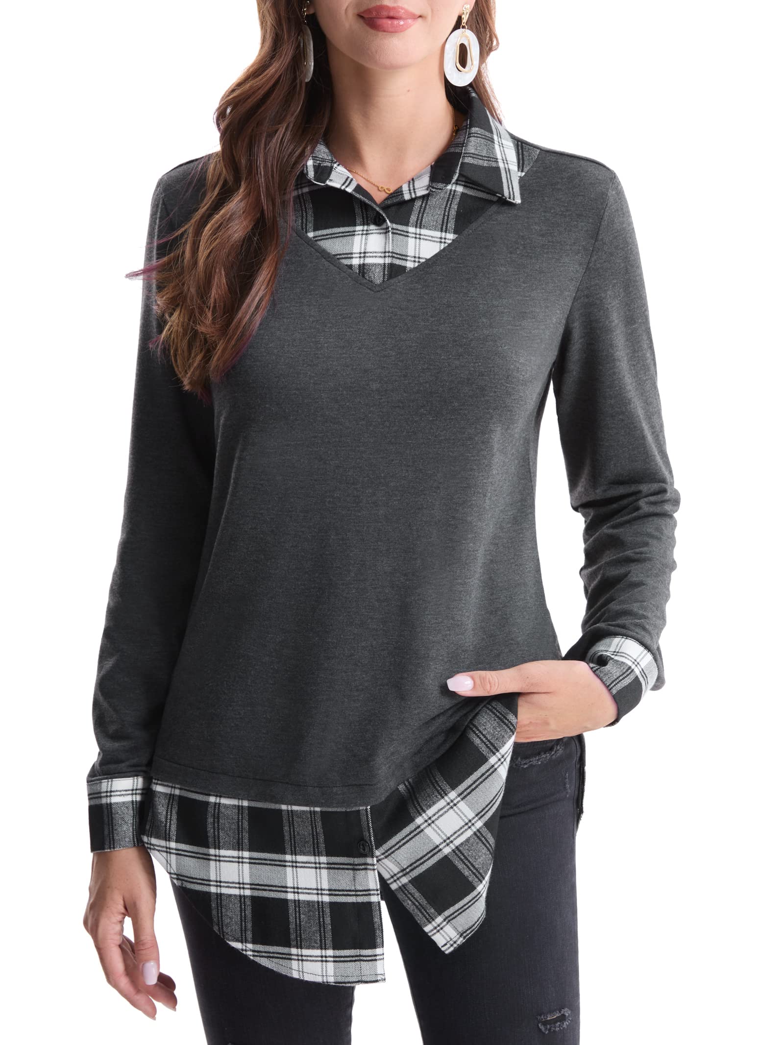 DJT Fashion Women's 2-in-1 Plaid Checker Pullover Sweatshirt T-Shirt Tops L Grey