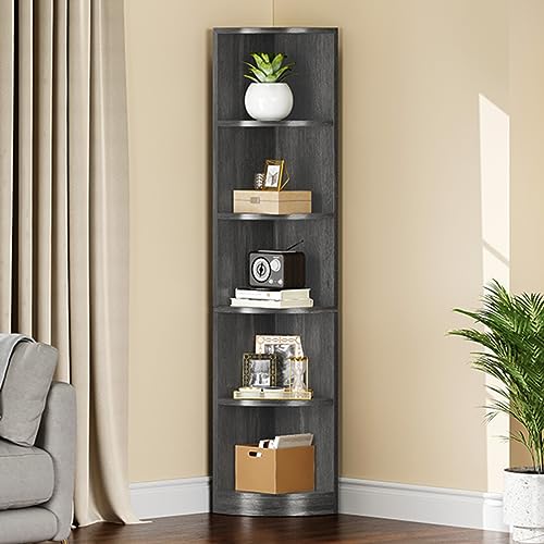 YITAHOME 70.8" Corner Shelf, 5 Tier Corner Bookshelf and Bookcase, Modern Open Free Standing Shelving Unit Wooden Display Rack Storage Shelves for Bedroom, Living Room, Home Office, Charcoal Gray