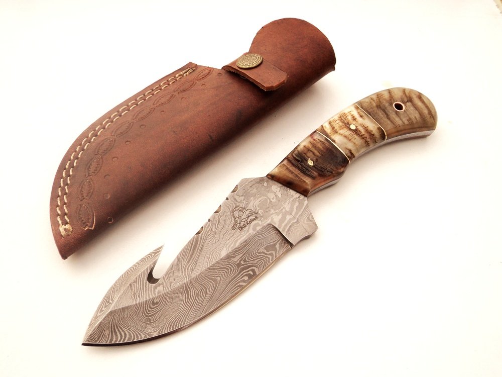 DKC Knives (8 8/18) DKC-826 Musoki Gut Hook Skinner Damascus Steel Knife 9" Overall 5" Blade 8.5 oz Hand Made