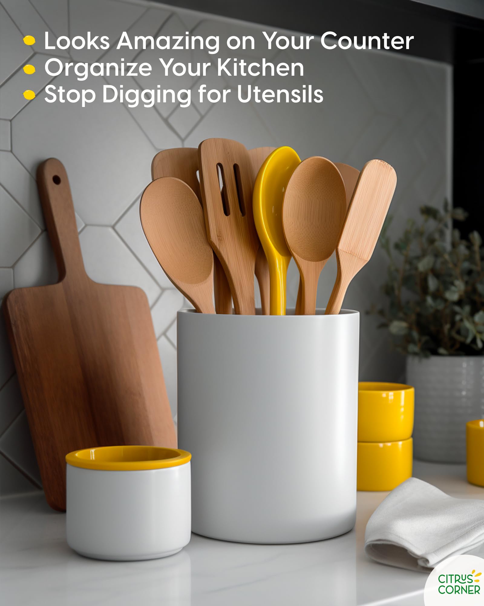 Extra Large Utensil Holder for Kitchen Counter - Ceramic Countertop Utensil Holder for Kitchen Utensils | Kitchen Utensils Holder for Countertop | Includes Microfiber Towel (Utensils Not Included)