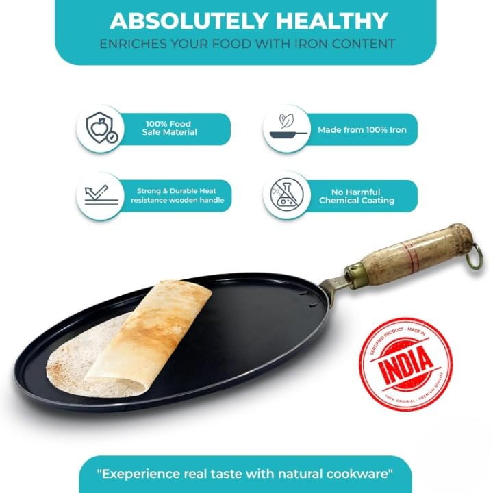 KASHVIYA Pre-Seasoned Iron Flat Dosa/Omelette/Roti/Chapati Tawa with Wooden Handle, Medium 10.5 Inch/27 Cm Gas&Induction Compatible | 100% Pure & Toxin-Free Iron, No Chemical Coating