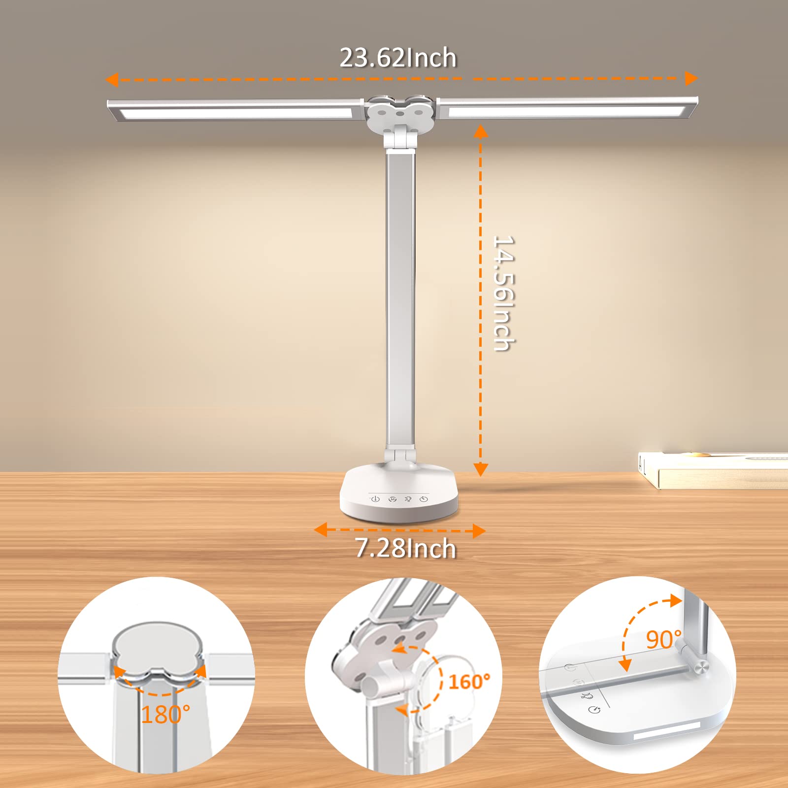 Doeklpo Desk Lamp, LED Desk Lamps for Home Office, Eye-Caring Double Head Desk Light with USB Charging Port, Night Light, 5 Light Mode 5 Brightness Levels, Desk Lamps for Office Study Reading