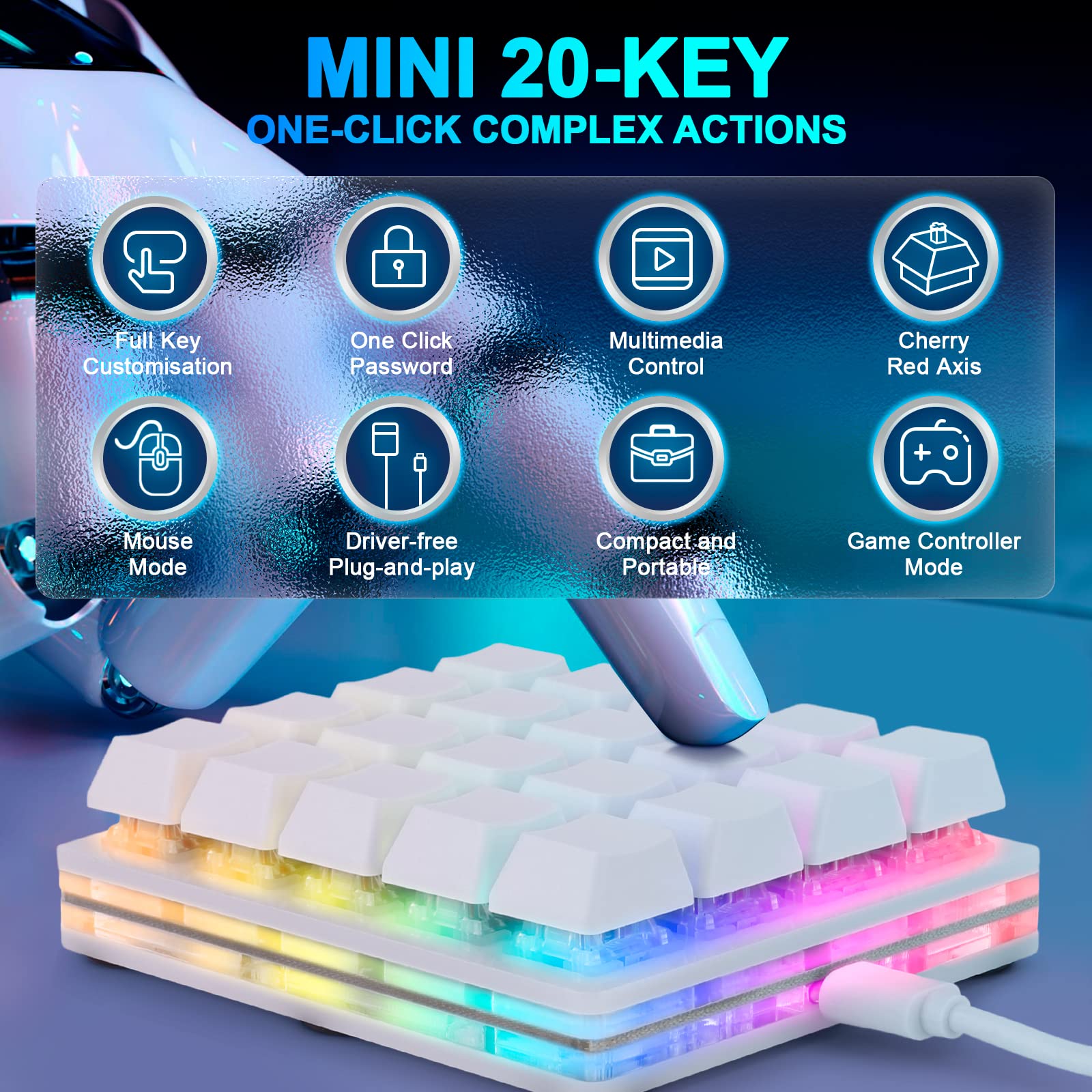 Ecarke 20 Keys One Hand Macro Mechanical Keyboard,Cherry Red Switch RGB LED Backlit Portable MiNi One Hand Mechanical Gaming Keyboard OSU Keyboard Type-c Interface 20 Keys Fully Programmable Key