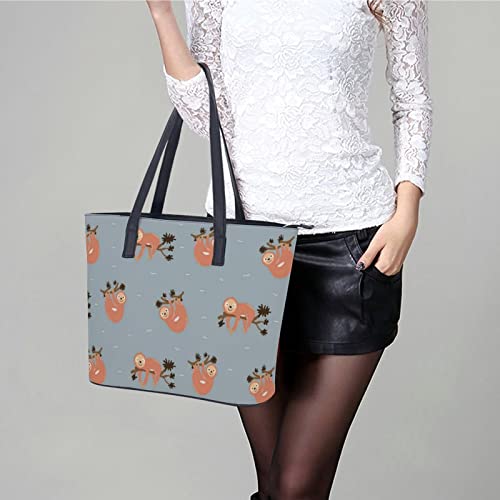 Cute Sloth on Tree Branches Women's Tote Bag PU Leather Shoulder Bag Handbags Purse For Work Shopping Travel