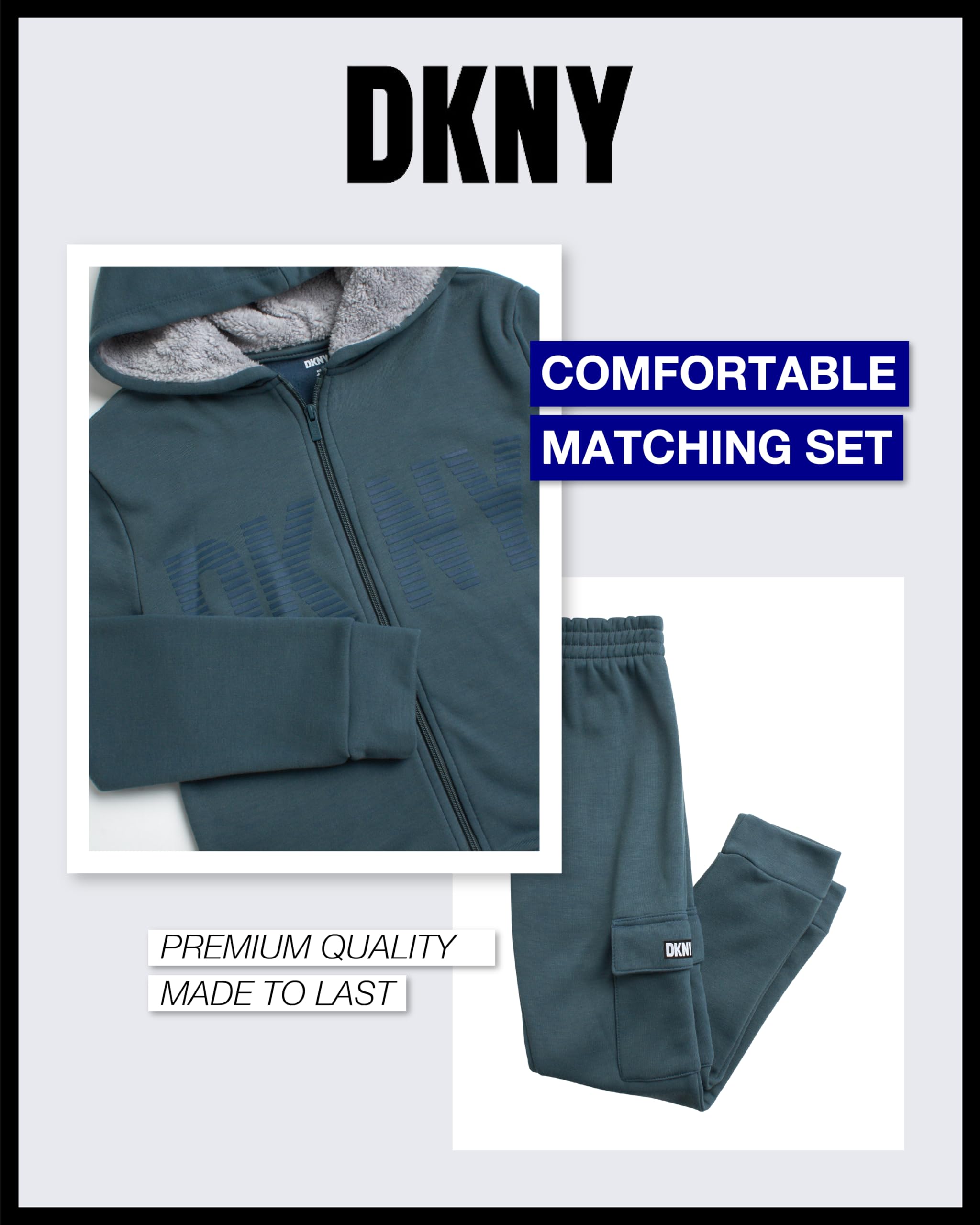 DKNY Boys' Sweatsuit Set - 2 Piece Fleece Sweatshirt and Jogger Sweatpants (Size: 4-12), Size 5, Red/Navy/Grey Colorblock