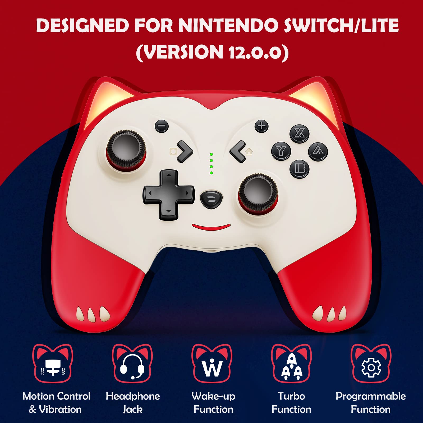 ELISWEEN Wireless Switch Controller for Nintendo Switch/Lite/OLED Controller, Switch Pro Controller for Nintendo with Programmable, Turbo, Motion, Vibration, Wake-Up, Headphone Jack Function- Red