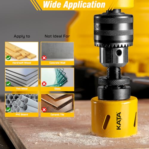 KATA Bi-Metal Hole Saw Kit, 7-Piece Metal Hole Saw Set with 1-1/4" to 2-1/8"(32-38-44-54mm) Hole Drill Cutter with Mandrels, Drill Bit, Hex Key for Metal, Wood, PVC, Plastic